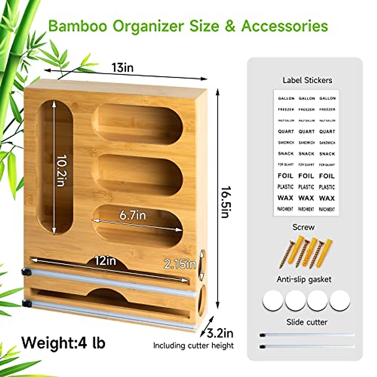 Hisrdomz Ziplock Bag Organizer with Dispensers & Cutters | 6 in 1 Bamboo Drawer Organizer for Ziplock Bags,Suitable for Gallon, Quart, Sandwich & Snack Bag, Cling Film, Aluminum Foil