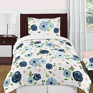Sweet Jojo Designs Navy Blue and Pink Watercolor Floral Body Pillow Case Cover (Pillow Not Included) - Blush, Green and White Shabby Chic Rose Flower Polka Dot