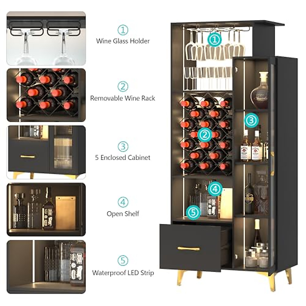 Vlsrka LED Liquor Wine Cabinet, Wine Bar Cabinet with USB Port, Bar Cabinets for 18 Bottle Wine Rack and 3 Glass Holder, Tall Sideboard Buffet Storage Cabinet for Living, Dining Room, Black