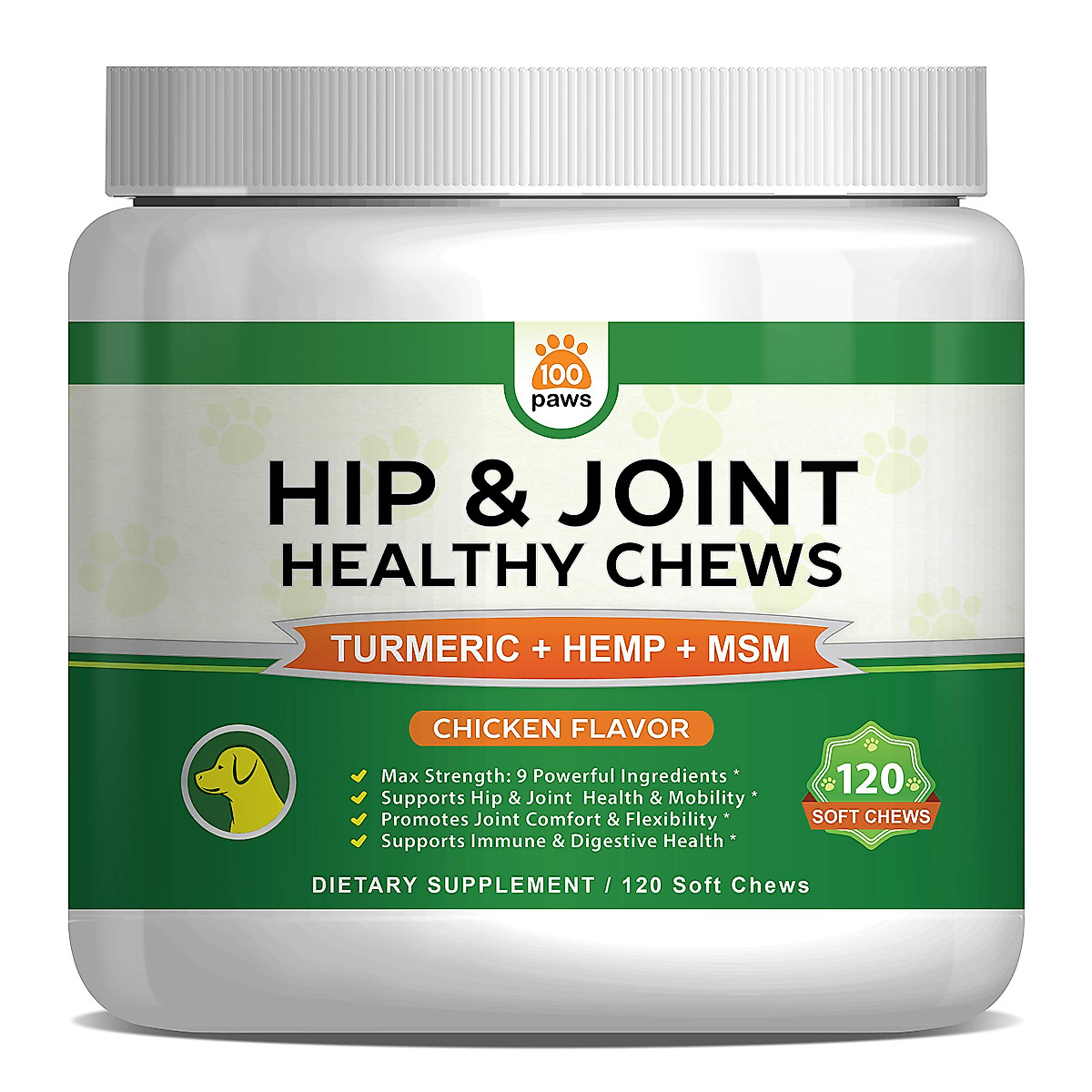 100 Paws Hip & Joint Supplement for Dogs - Hemp Oil Infused Soft Chews Dog Treats w/Glucosamine, Turmeric, Chondroitin, MSM & Omega 3 6 9 -Supports Pet Mobility & Pain Relief-120 Treat Bites