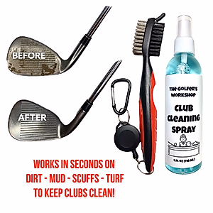 The Golfer's Workshop 4oz Club Cleaning Spray and Golf Club Brush with Groove Cleaner, 2ft Retractable Zip-line, Carabiner Clip (Red)