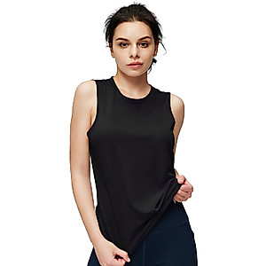 MIER Women's Athletic Sleeveless Summer Tops SPF UPF 50 Running Tank Shirt Crewneck Cool Dry Wicking Outdoor Walking Muscle Tee Black L