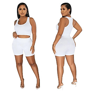 Adogirl Women Workout Set Ribbed 2 Piece Outfits Athletic Gym Sport Yoga Running U Neck Crop Racerback Tank Tops Shorts White XL