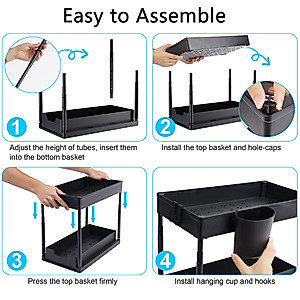 Under Sink Organizers and Storage - Adjustable Height Sliding 2-Tier Pull Out Drawer Rack Multi-Purpose Under Sink Shelf Organizer for Kitchen Bathroom Under Counter Cabinet Storage (Black-2pcs)