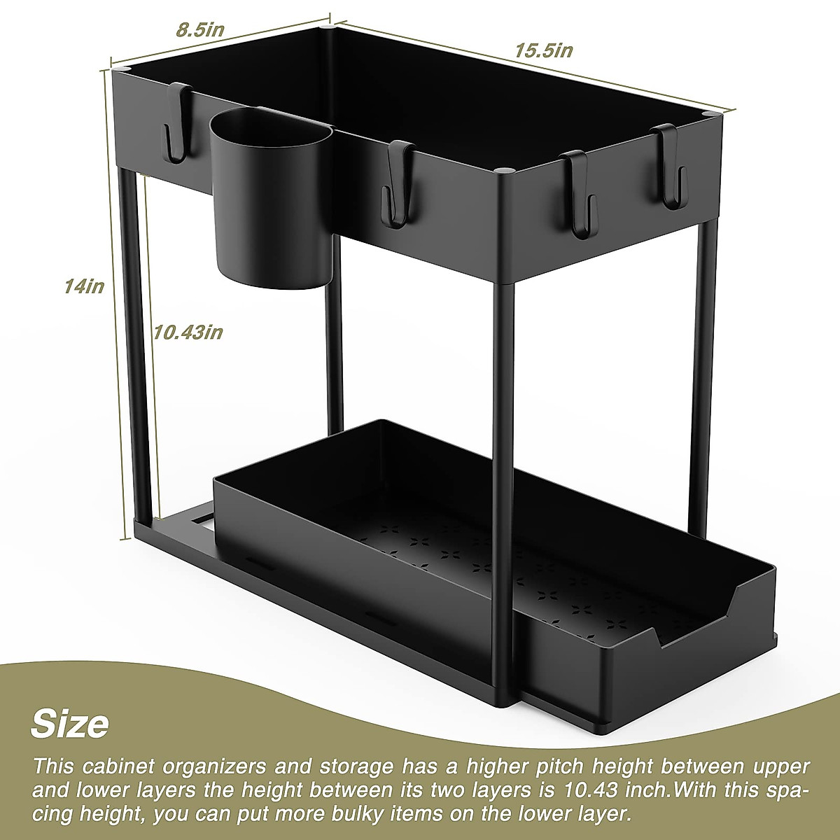 DEKYHOME Under Sink Organizer and Storage,Bathroom Organizer with 4 Hooks and 1 Hanging cup, Multi-purpose Storage Shelf for Bathroom Kitchen