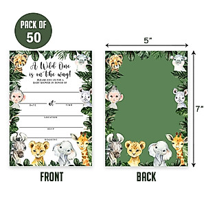 Yuzioey 50 Safari Baby Shower Invitations, Jungle Animals Invitations Macthing Envelpoes, Diaper Raffle Tickets, Book Request Cards, Safari Animals Invitations