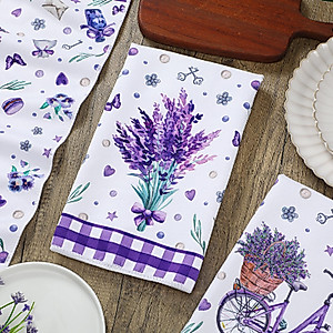 Funtery Set of 4 Purple Lavender Kitchen Towel Decoration Set Purple Flower Hand Towels Spring Themed Absorbent and Soft Purple Towels Buffalo Plaid Dish Towel Boho Farmhouse Decor, 16 x 26 Inches