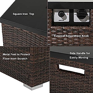 COSIEST 5-Piece Faux Brown Propane Fire Pit Outdoor Furniture Brown Chairs w Thick Cushion w 32-inch Square Wicker Fire Table (40,000 BTU), Fits 20lb Tank Outside w Wind Guard for Garden, Backyard