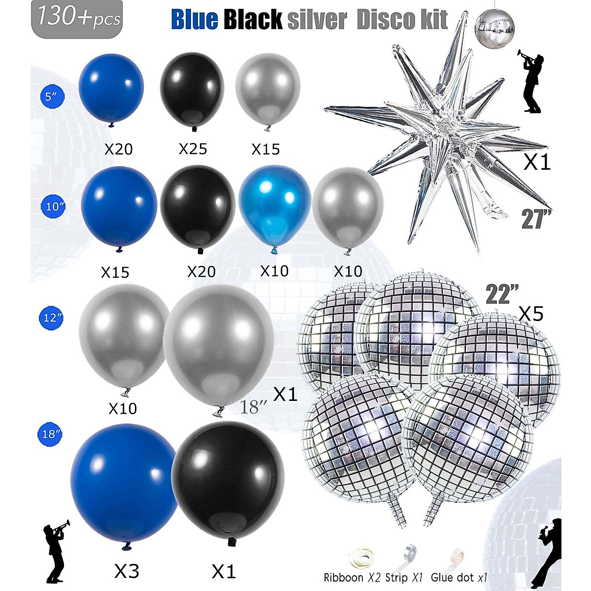 Blue and Black Silver Balloon garland kit 140pcs Royal blue and silver starburst Disco ball balloons for men 30th Birthday Party graduation 80s 90s Disco theme Decorations