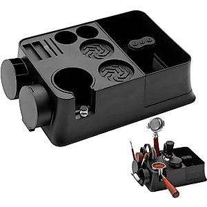 SLADPOEM Espresso Coffee Organizer Box 8 In 1, Espresso Knock Box Fit for Storage 51, 54, 58MM Espresso Tamper Plastic Station Base, Distributor, Portafilter & Puck Screen Accessories (Black)