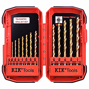 KIK Drill Bit Set- 13Pcs Titanium Coating High Speed Steel Twist Jobber Length for Wood Plastic Aluminum Alloy with Indexed Storage Case, 1/16"-1/4"