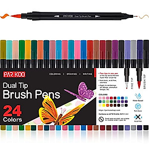 ParKoo Dual Brush Art Markers Pens for Adult Coloring Books, 24 Artist Colored Marker Set, Fine & Brush Tip Art Supplies for Journaling Note Taking Writing Planning