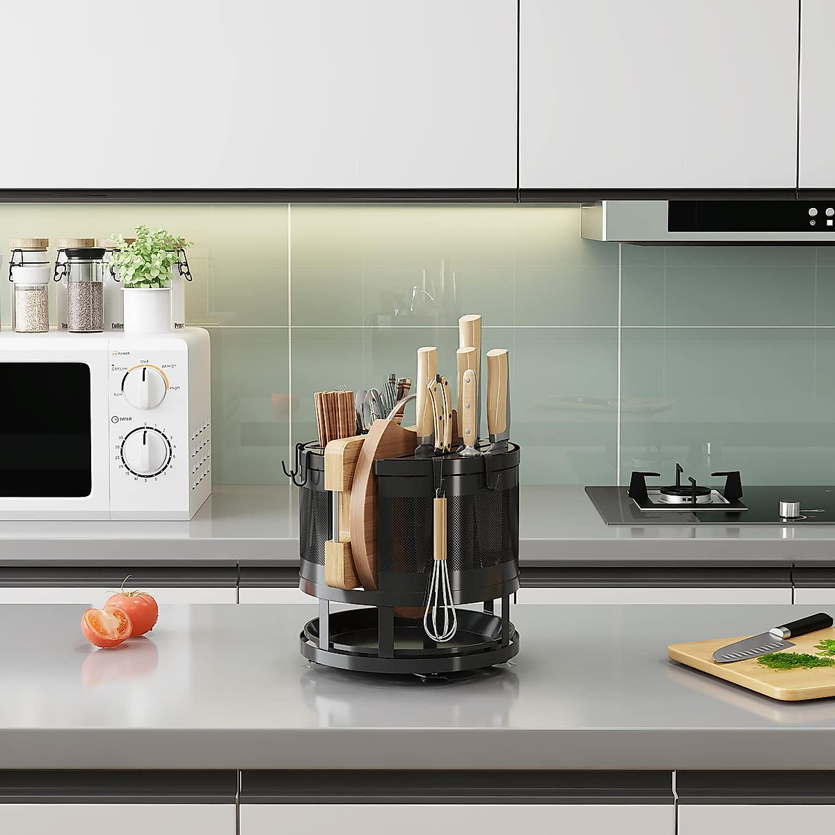 Knife Holder for Kitchen Counter, Rotating Universal Knife Block Without Knives 3 in 1 Multi-function Knife Block Set Flatware Utensil Drying Rack Cutting Board Organizer with Drain Tray and hooks
