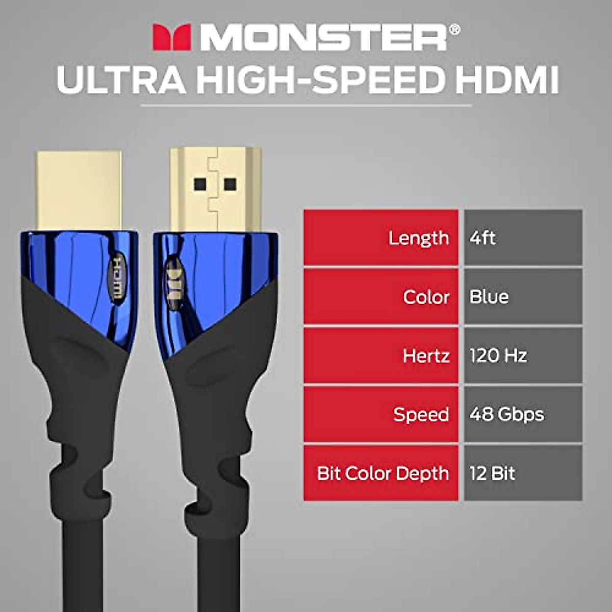 Monster 8K HDMI Cable Ultra High-Speed Cobalt 2.1 Cable - 48Gbps with eARC, 8K at 60Hz for Superior Video and Sound Quality – HDMI Cables for PS5, Apple TV, Roku, Smart TV, Xbox Series X and S – 4FT
