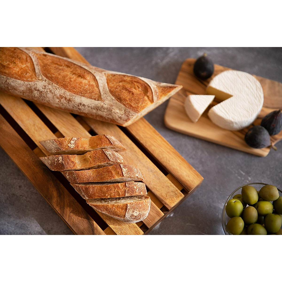 Villa Acacia Wood Bread Board - 12 x 7 in Handcrafted Wooden Cutting Board Slicer Tray with Handle﻿ Medium