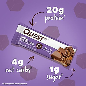 Quest Nutrition Caramel Chocolate Chunk Protein Bar, 20g Protein, 1g Sugar, 4g Net Carbs, Gluten Free, Keto Friendly, 12 Count