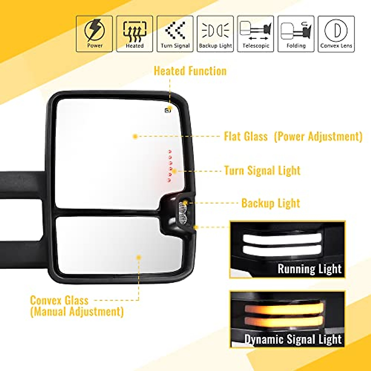 Sanooer Towing Mirrors Painted White Switchback Dynamic Turn Light Compatible with 2007-2013 Chevy Silverado Suburban Tahoe GMC Sierra Yukon with Running Lights Power Glass Backup Lamp Heated Set