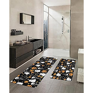 Black Halloween Bath Mat for Tub,Non Slip Bathroom Floor Runner Rug Quick Dry & Absorbent Diatomaceous Earth Shower Sink Kitchen Washable Doormat,Spooky Pumpkin Ghost Skull Cat Horror 18x30+18x48