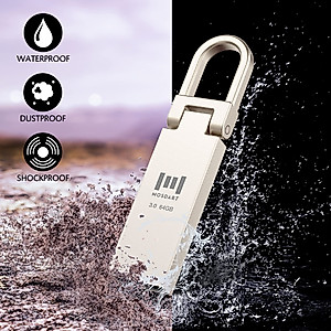 MOSDART USB 3.0 Waterproof 64GB Flash Drives 3 Pack Metal Keychain Data Backup Zip Drive Read Speed Up to 90MB/s USB3.0 Thumb Drive, 64 GB Waterproof Jump Drive Memory Stick, Silver