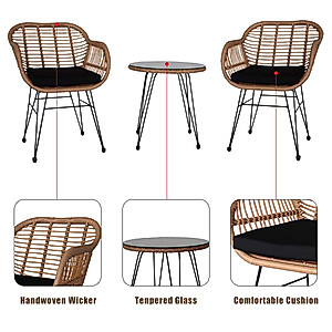 Patio Porch Furniture Set 3 Pieces, Outdoor Wicker Rattan Chairs Of 2, Front Porch Furniture, Outside Balcony Conversation Chairs With Tempered Glass Tabletop For Garden Indoor Outside (Style 1)