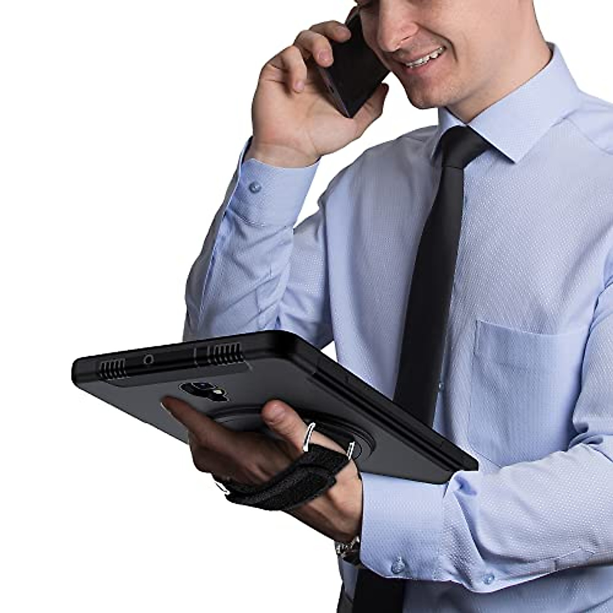 Bkinew Tablet Case for Samsung Galaxy Tab A 10.5-inch 2018 SM-T590/SM-T595/SM-T597 with Screen Protector 360 Rotating Kickstand and Hand/Shoulder Strap Rugged Protective Cover, Black