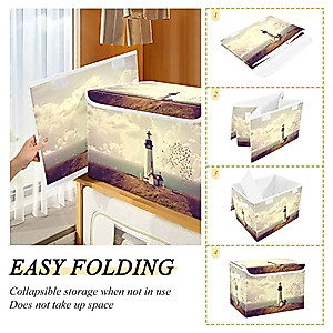 Kigai Old White Lighthouse Storage Basket with Lid Collapsible Storage Bin Fabric Box Closet Organizer for Home Bedroom Office 1 Pack