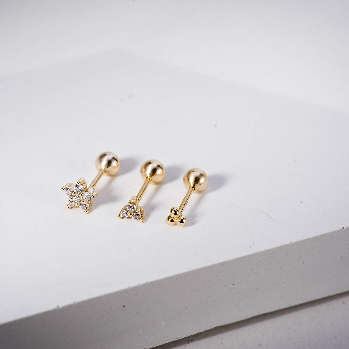 Set of 3 Single Studs in Sterling silver 925 Rhodium Plated Small Stud Earrings Set | Screw Back Studs | Tiny Cartilage Earring | Second Hole Earring | Tiny Three Spheres Three Stone Cluster Flower CZ