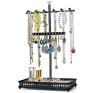 Meangood Jewelry Tree Stand Organizer 3in1 Necklace Organizer Display Bracelet Earrings and Ring Tray Jewelry Holder Hanger Metal（Black）