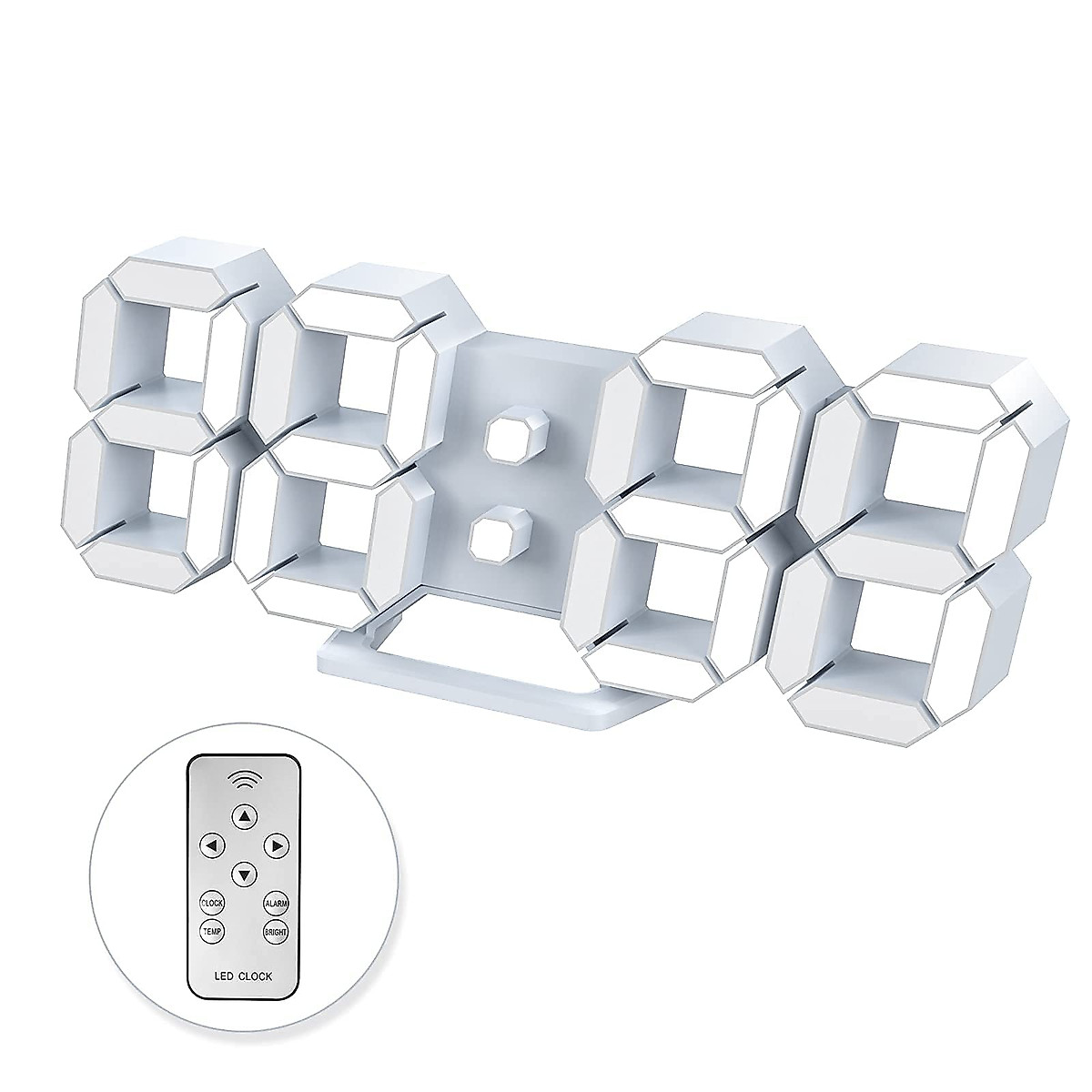 Led Digital Alarm, 3D Wall Clock Desk Auto Dimming 12/24 Hour Date Temperature Home Decor Remote Control Silent Snooze USB Nightlight Bedroom Living Room Kitchen Office 9.7inch Cool White