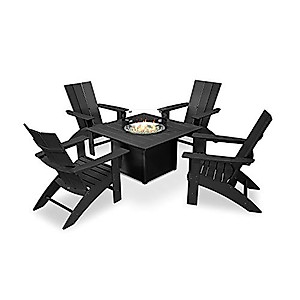 POLYWOOD Modern Curveback Adirondack Chair 5-Piece Conversation Set with Fire Pit Table