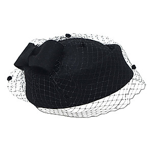 Pillbox Hat Fascinator Beret Wedding Party Top Hat Church Wool Hat for Women (Black)