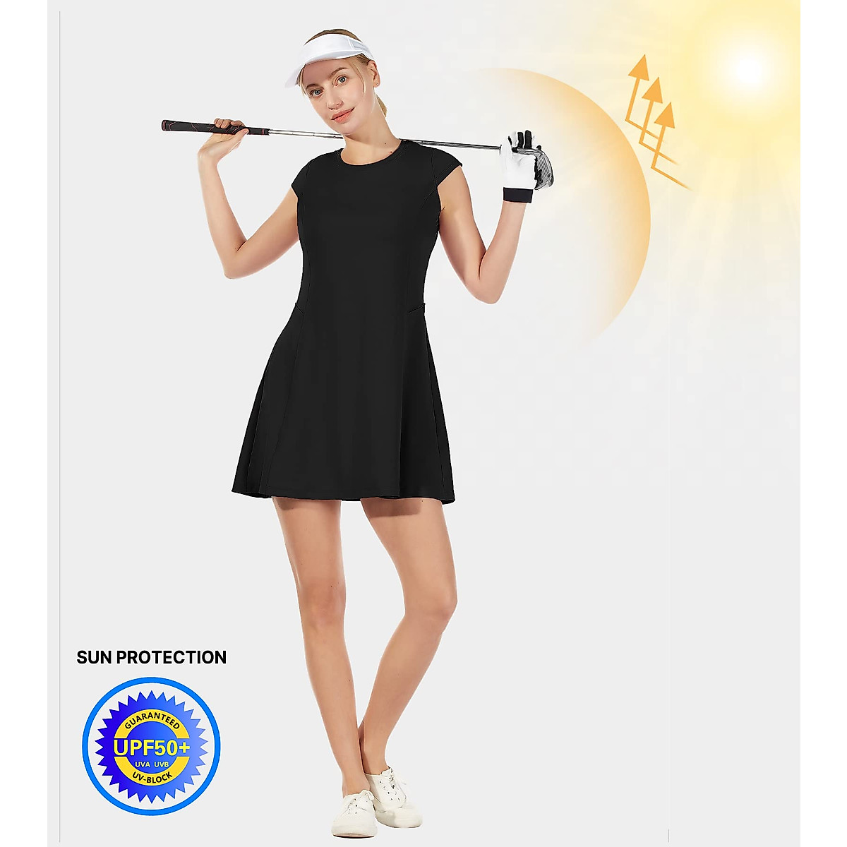 ChinFun Tennis Golf Dresses for Women, Tennis Golf Dress with Shorts Underneath and 4 Pockets UPF 50+ Cap Sleeve Workout Athletic Exercise Dress Black M