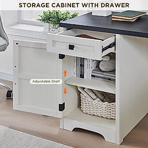 JXQTLINGMU L Shaped Desk, Corner Computer Desk with File Drawer & Charging Station, Home Office 59x59Inch Huge Workspace Study Writing Desk, Off White