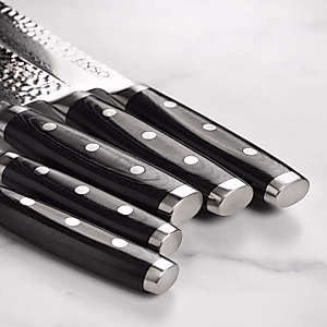 Enso Knife Set - Made in Japan - HD Series - VG10 Hammered Damascus Japanese Stainless Steel with Slim Gray Ash Knife Block - 7 Piece