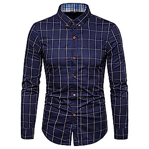 Men Plaid Long Sleeve Button Down Shirts Striped Lightweight Slim Fit Shirt Classic Stylish Business Dress Shirts (Dark Blue,X-Large)