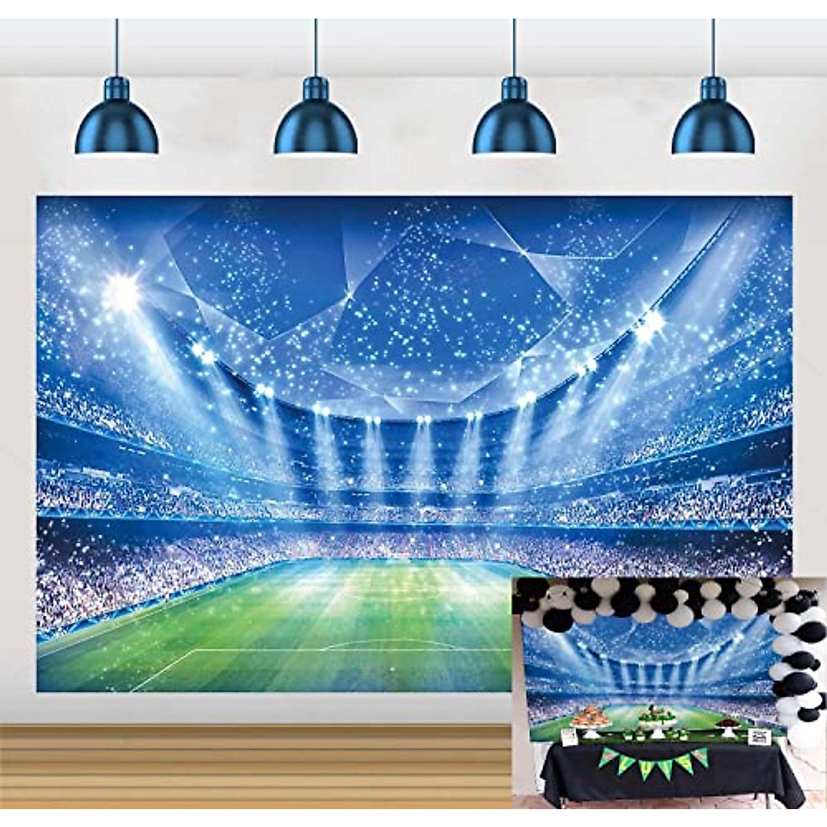Soccer Field Backdrop Stadium Soccer Competition Fans Night Spotlight Background Adults Man Boy Birthday Party Football Match Wall Decorations Photo Shoot Props 7x5FT