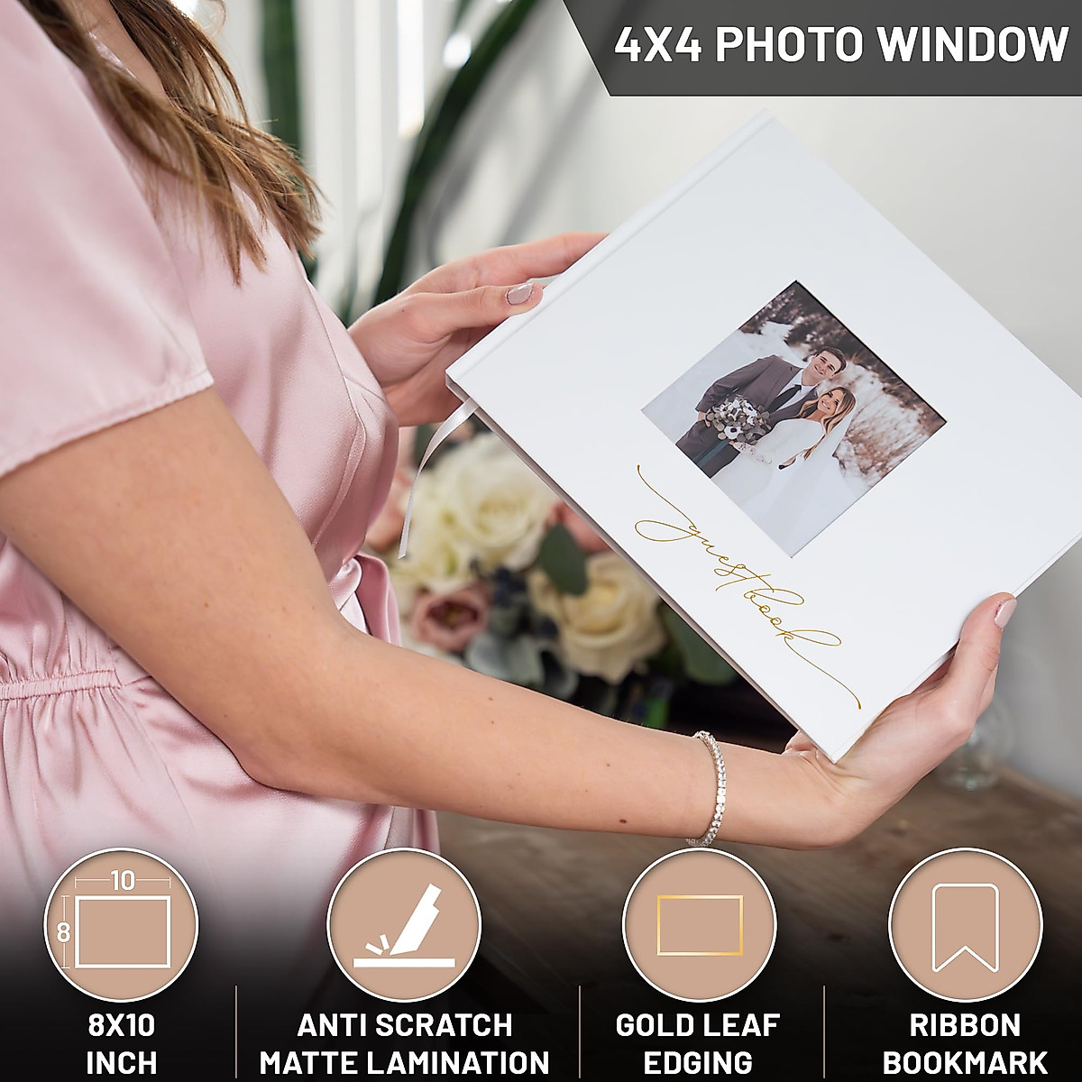 Wedding Guest Book - 8" x 10" Keepsake Guest Book for Party, Anniversary, Retirement, Graduation Sign-in & Photos with 2 Multi-Colored Photo Sticker Sheets, Golden Pen and Bookmark