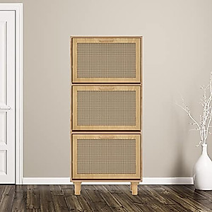 Wekity Shoe Storage Cabinet, Rattan Shoe Cabinet with 3 Flip Drawers, Narrow Free Standing Shoe Cabinet for Heels Slippers Boots, Wood Shoe Cabinet for Entryway Hallway 10X21X45Inch (Nature)