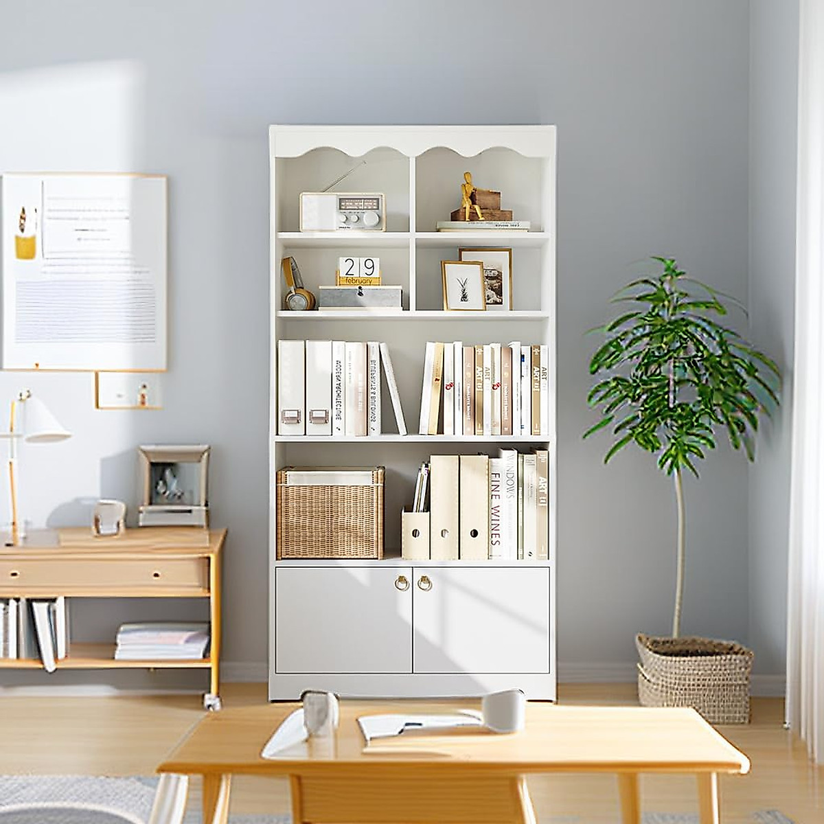 JoanKaren 63 Inches Tall Storage Cabinet, 5-Tier Bookcase, Wooden Bookshelf Storage Organizer, Freestanding Display Storage Cabinet, White Bookcase and Bookshelf for Home Office, Living Room, Bedroom