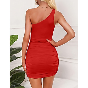 Mizoci Women's Sexy Ruched Bodycon One Shoulder Double Layer Club Party Mini Short Dress, Medium, Red