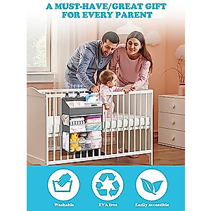 PHOTOONE Hanging Diaper Caddy Organizer - Crib Organizer–Spacious Baby Girl/Boy Diaper Organizer for Changing Table, Playpen, Wall- Hold 90+ Diapers- Nursery Baby Essentials Storage for Newborn, Gray