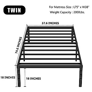 HOBINCHE 18 Inch Metal Twin Bed Frame No Box Spring Needed - Easy Assembly Heavy Duty Noise Free Narrow Bedframes - Single Black Basic Anti Squeak Steel Slats Platform with Storage