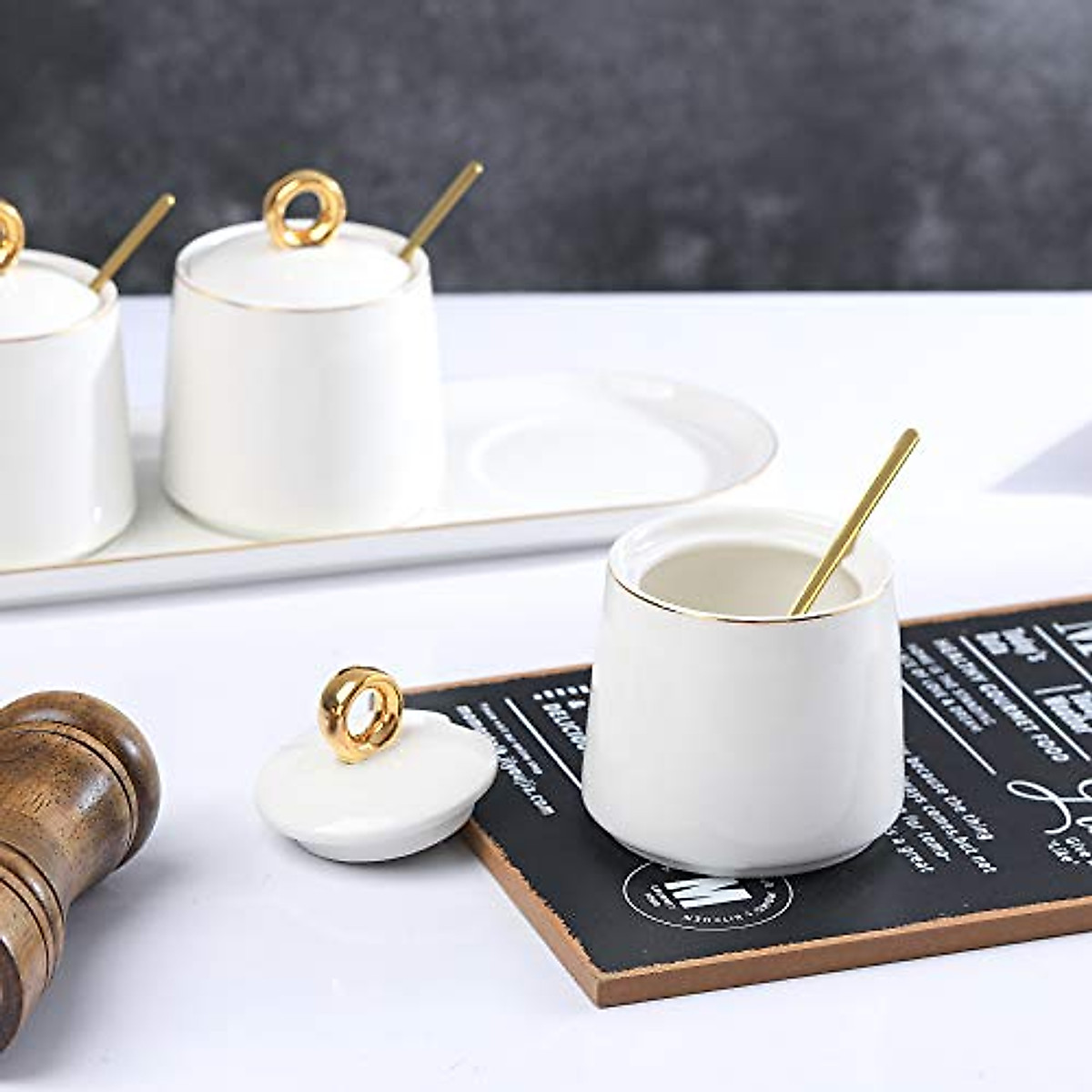 White Ceramic Sugar Bowls Condiment Pots Spice Jars Seasoning Box Set with Lid Spoon and Tray-Sets of 3