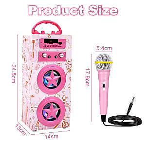 IndeCool Kids Bluetooth Karaoke Machine with 2 Microphones, Rechargeable Remote Control Wireless Karaoke Speaker Portable Karaoke Machine Music MP3 Player for Kids Adult Party Gift (Pink)