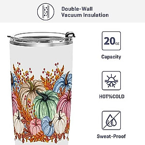 Jihqo Autumn Pumpkins Thanksgiving Tumbler with Lid and Straw, Insulated Stainless Steel Tumbler Cup, Double Walled Travel Coffee Mug Thermal Vacuum Cups for Hot & Cold Drinks 12oz