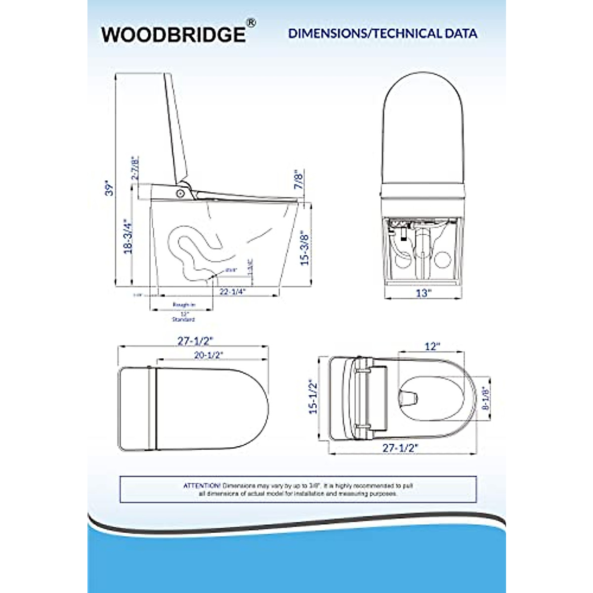 WOODBRIDGE Smart Bidet Toilet,Auto Open & Close,Foot Sensor Operation,Auto Flush,Heated Seat,Tankless One Piece Elongated Toilet,T-0099