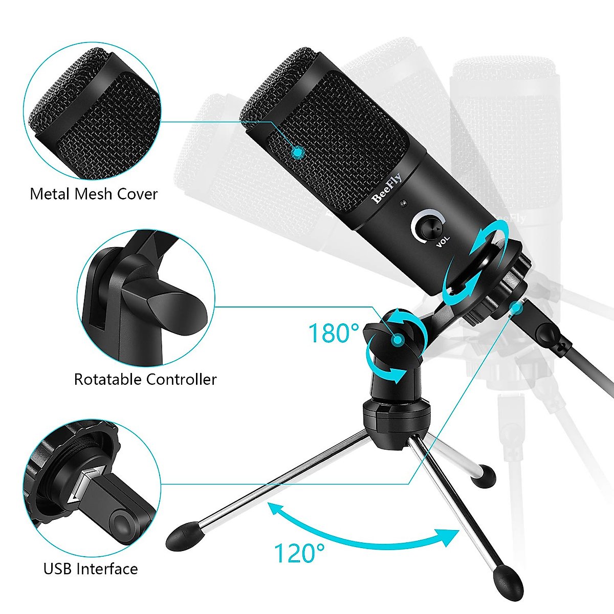 BeeFly USB Microphone, Microphone for Computer Metal Condenser Recording Microphone for PS4 Mac Windows Computer Desktop Microphone for Gaming Podcast Streaming YouTube Chatting