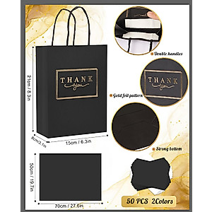 LWBDD 50 Pack Thank You Gift Bags-Small Size Thank You Bags in Bulk With Handles & Tissue Paper for Wedding, Baby Shower, Business, Shopping, Party Favors, Birthday, Hotel Guests (Black-Gold)