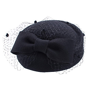 Lawliet Womens Dress Fascinator Wool Felt Pillbox Hat Party Wedding Bow Veil A080 (Black)