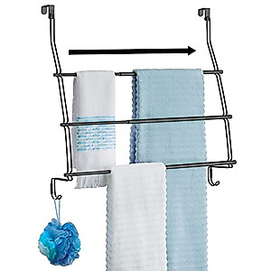 mDesign Expandable Metal Over Shower Door Towel Rack for Bathroom - 3-Tier Organizer with 2 Large Hooks - Holder for Hand/Bath Towels, Washcloths, Loofahs, Sponges - Trinity Collection - Matte Black